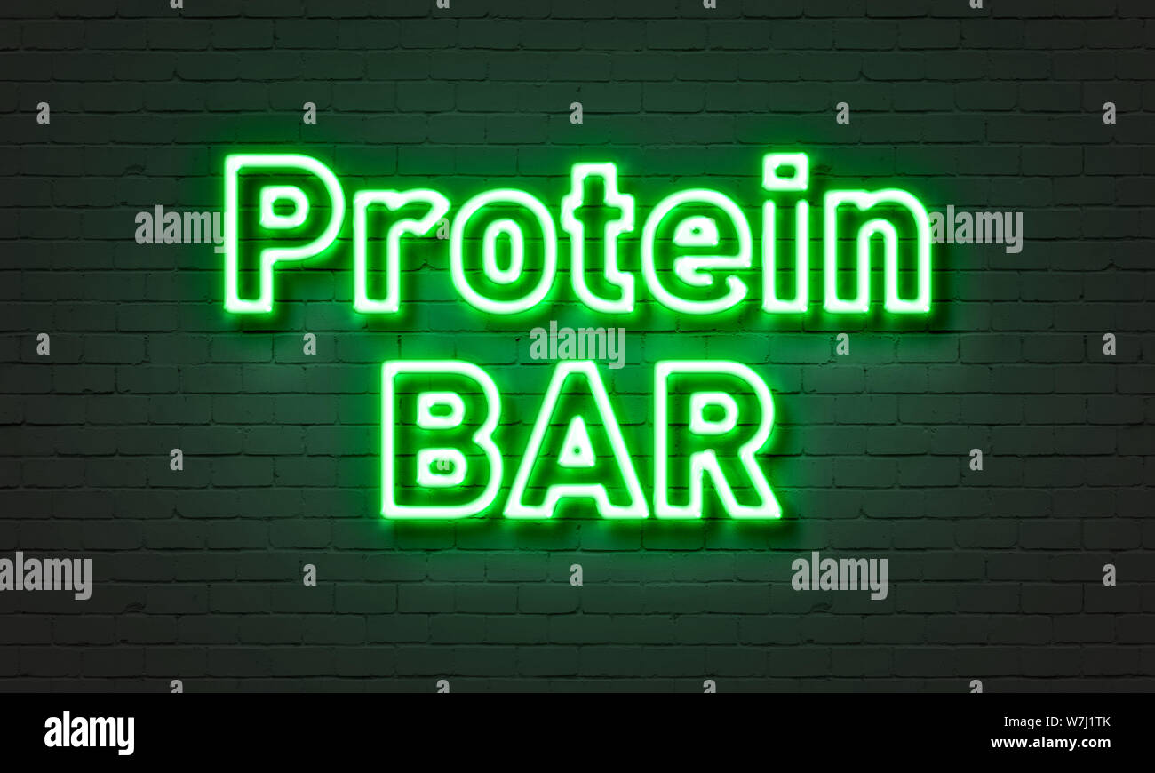 Protein bar neon sign on brick wall background Stock Photo - Alamy