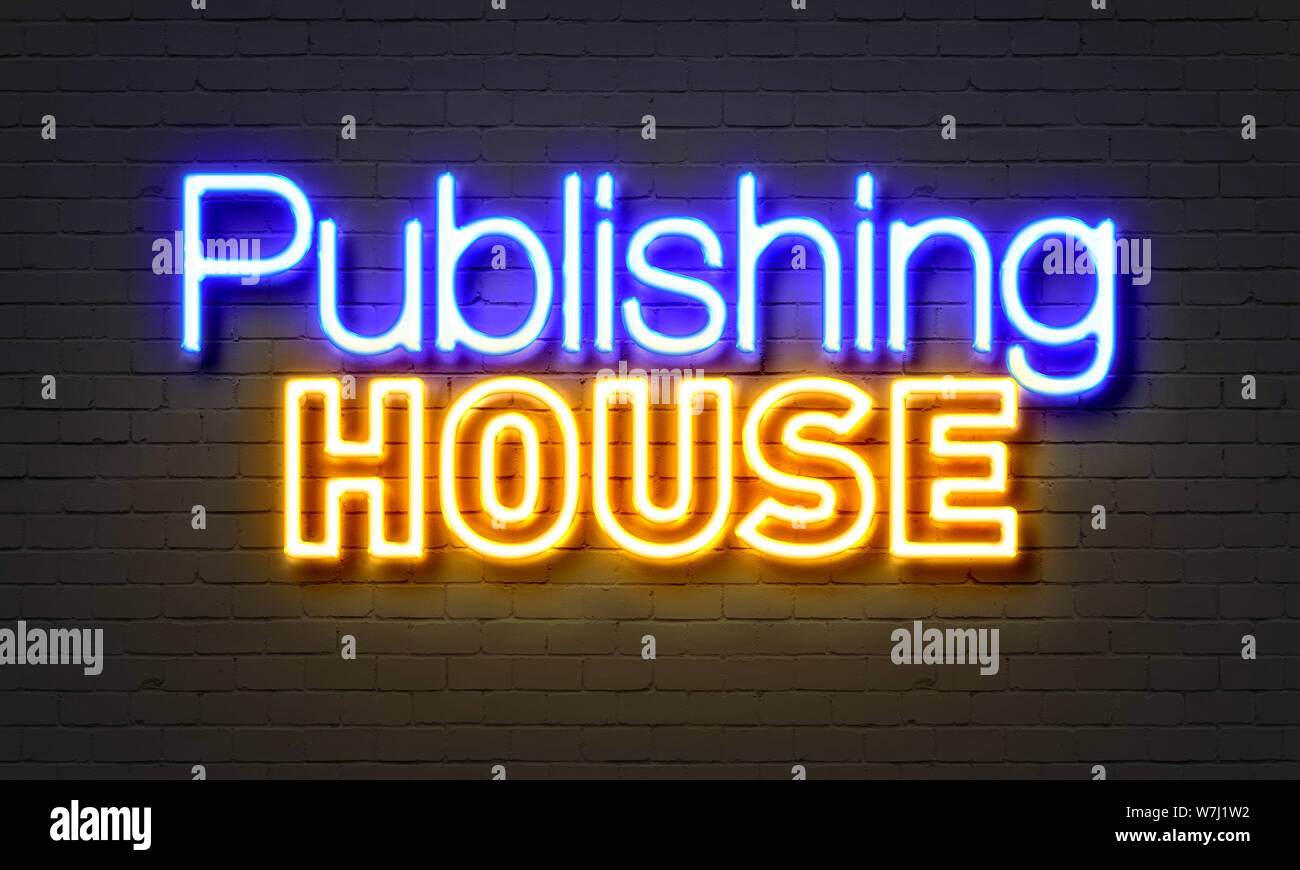 Publishing house neon sign on brick wall background Stock Photo - Alamy