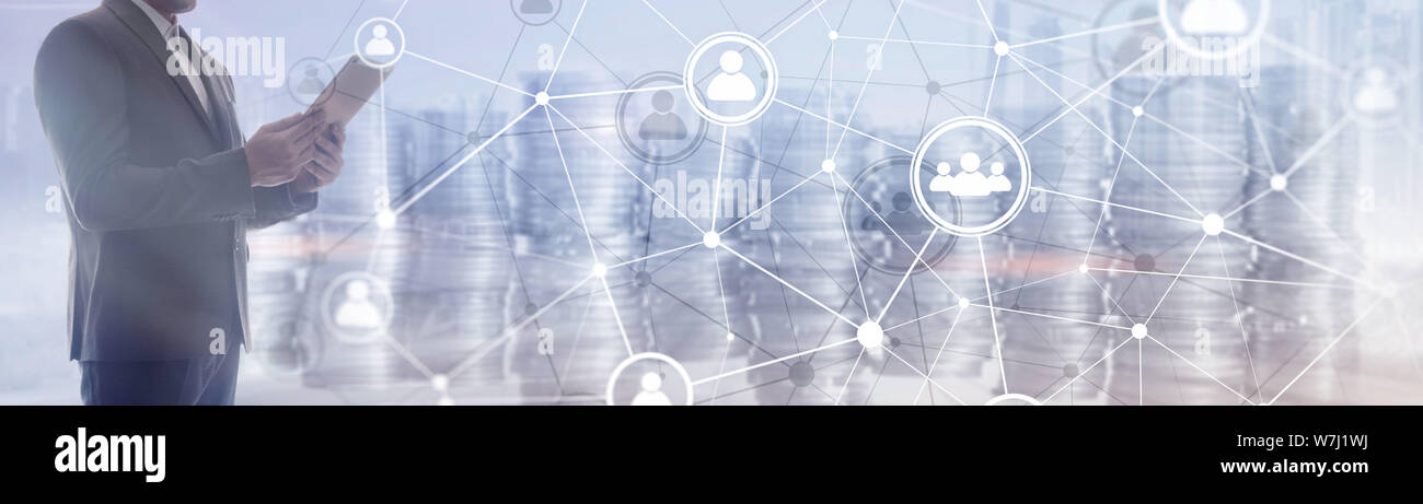 Background conceptual image with social connection lines on panoramic ...