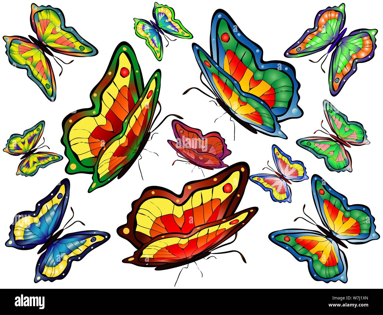 Twelve multi colorful bright flying butterflies. Compilation Stock ...
