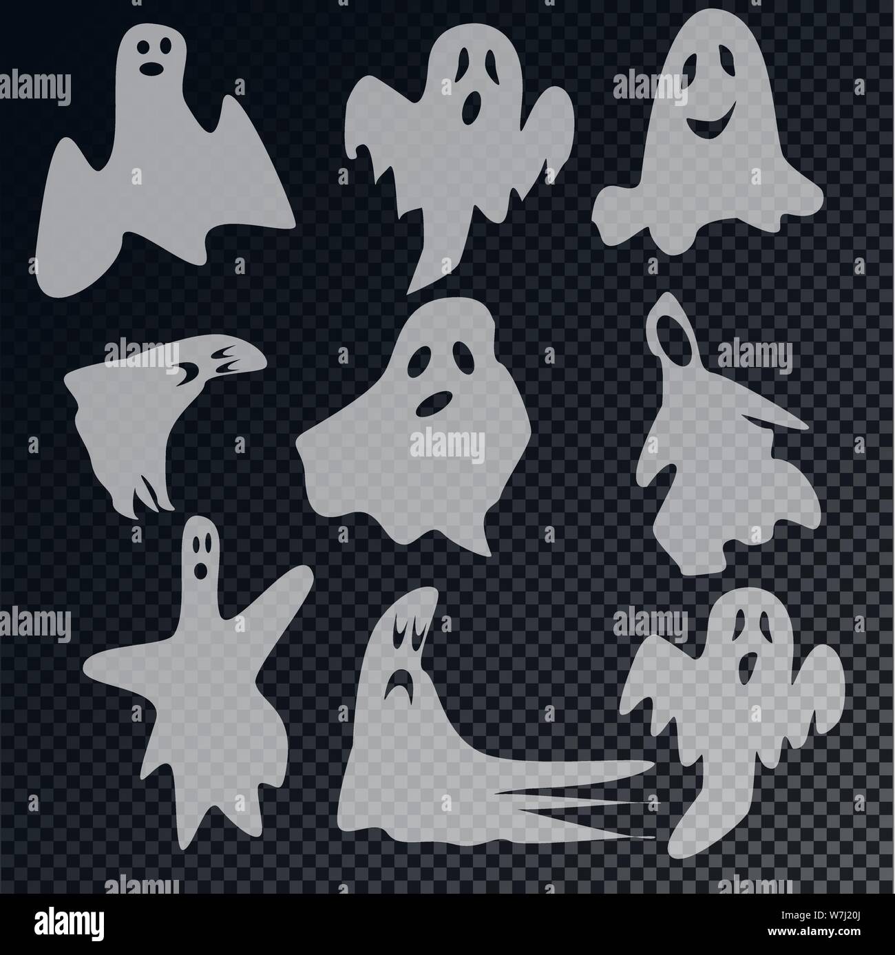 A set of nine transparent ghosts on a transparent background. Halloween ...