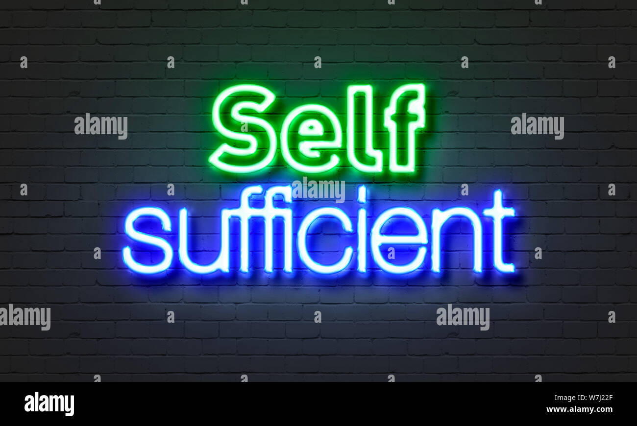 Self sufficient neon sign on brick wall background Stock Photo - Alamy