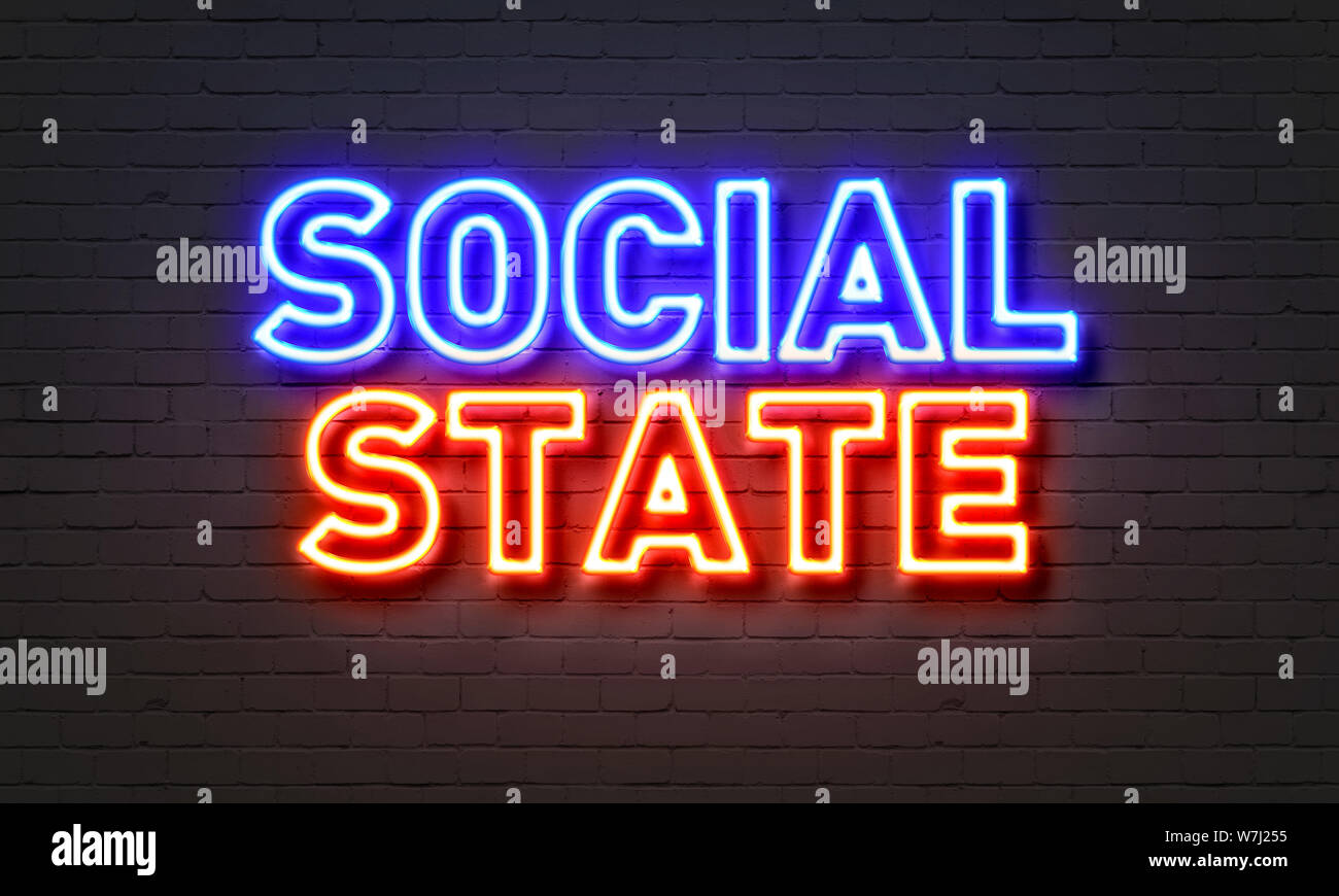 Social state neon sign on brick wall background Stock Photo - Alamy