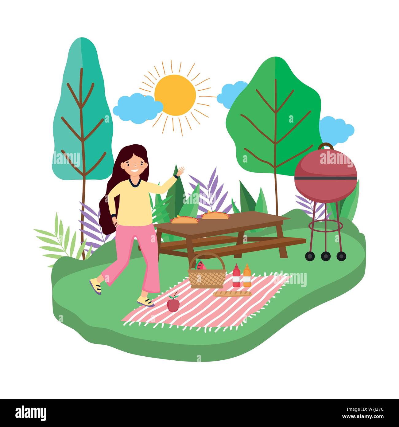 Woman cartoon having picnic design, Food summer outdoor leisure healthy ...