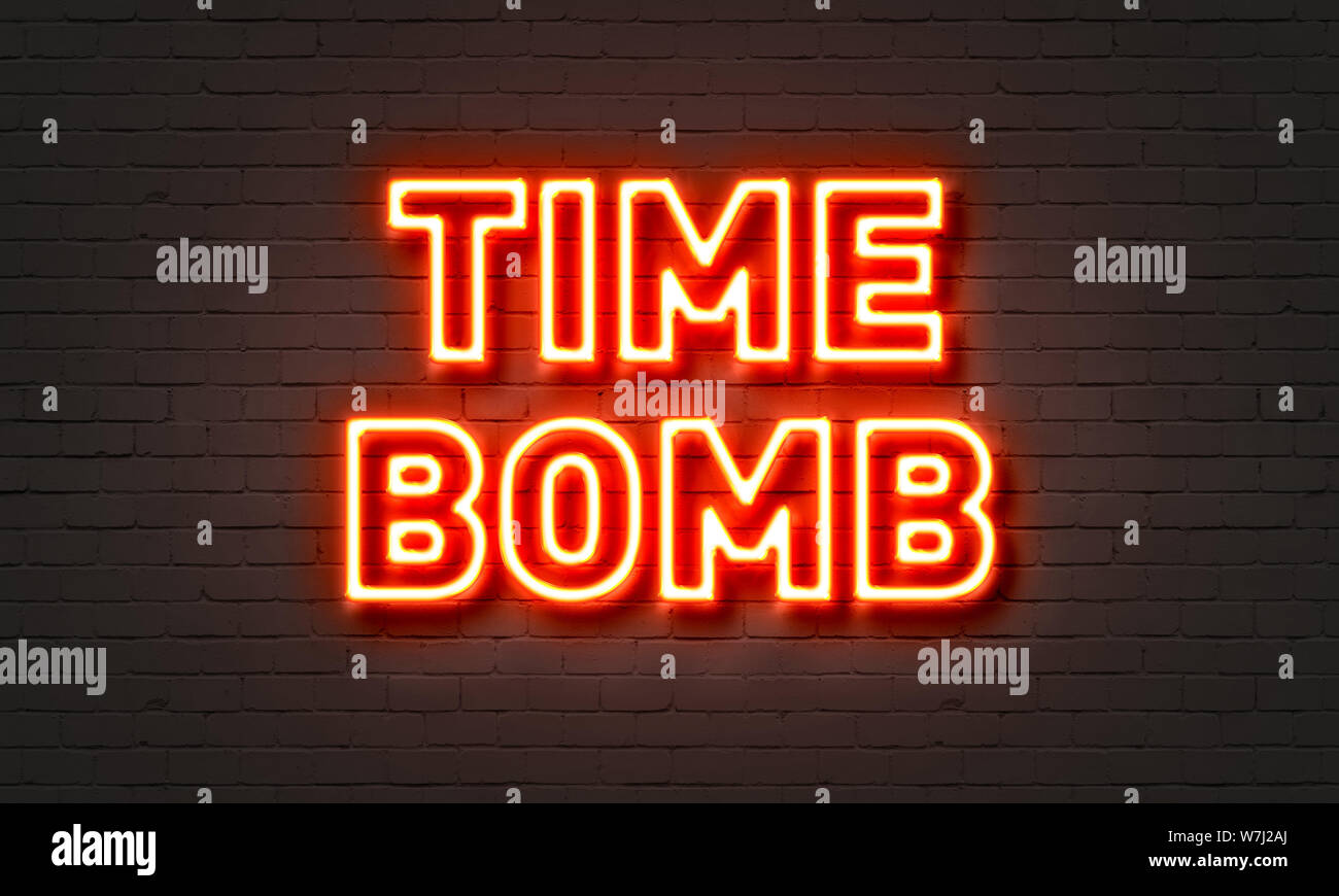 Time bomb neon sign on brick wall background Stock Photo - Alamy