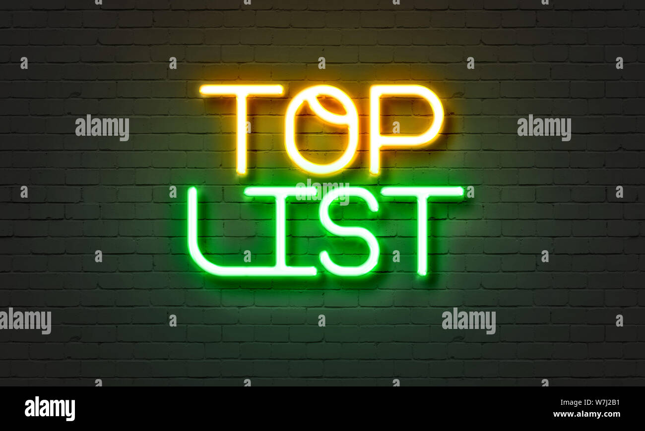 Top list neon sign on brick wall background Stock Photo - Alamy