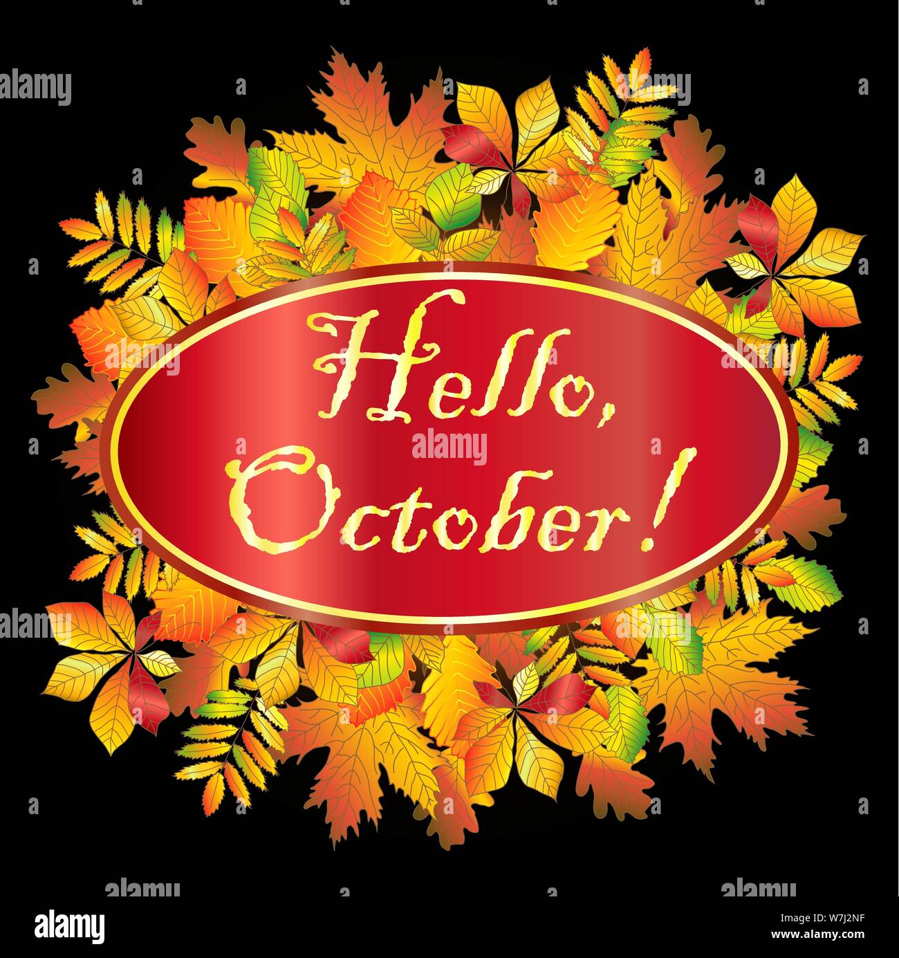 Hello, October. Banner in the frame of autumn leaves of maple, oak ...