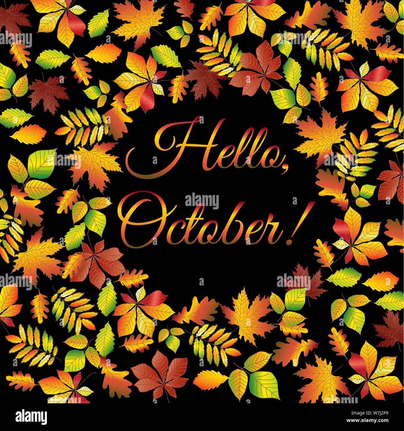 Hello, October. Multicolored text framed from autumn leaves of maple ...