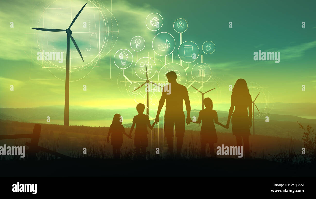 Family of five on the background of wind turbines and the environmental ...