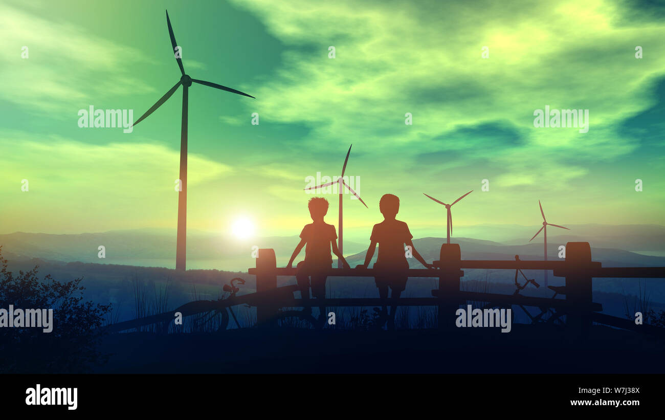 Children watching wind power plants against the sunset sky Stock Photo ...
