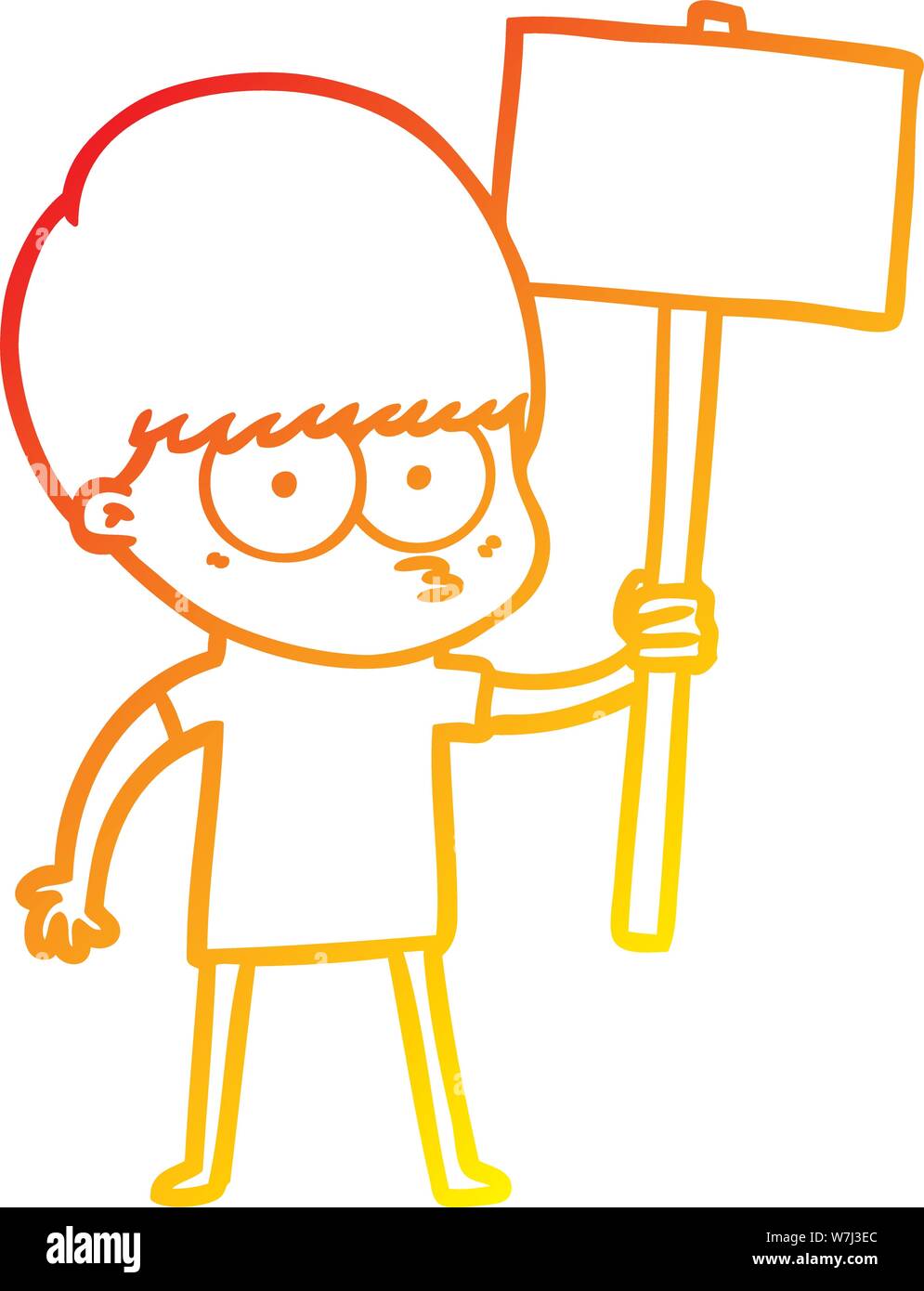 warm gradient line drawing of a nervous cartoon boy holding placard ...