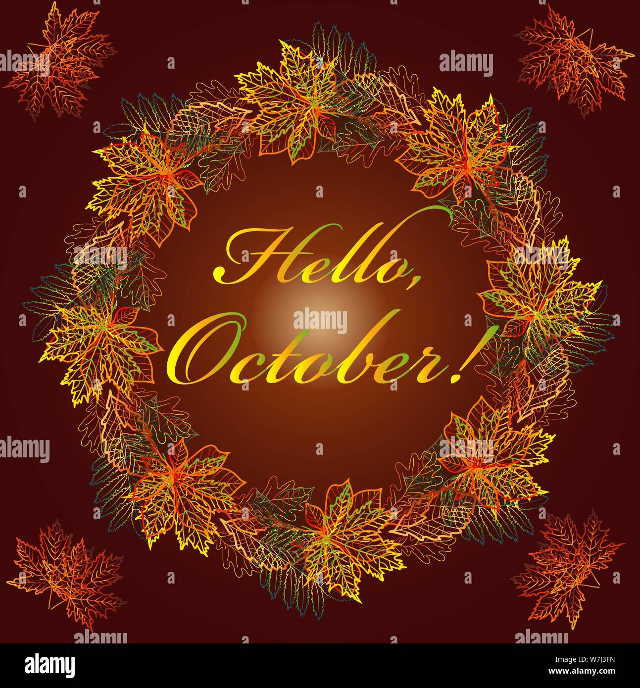 Hello, October. Multicolored text in a frame made from autumn maple ...