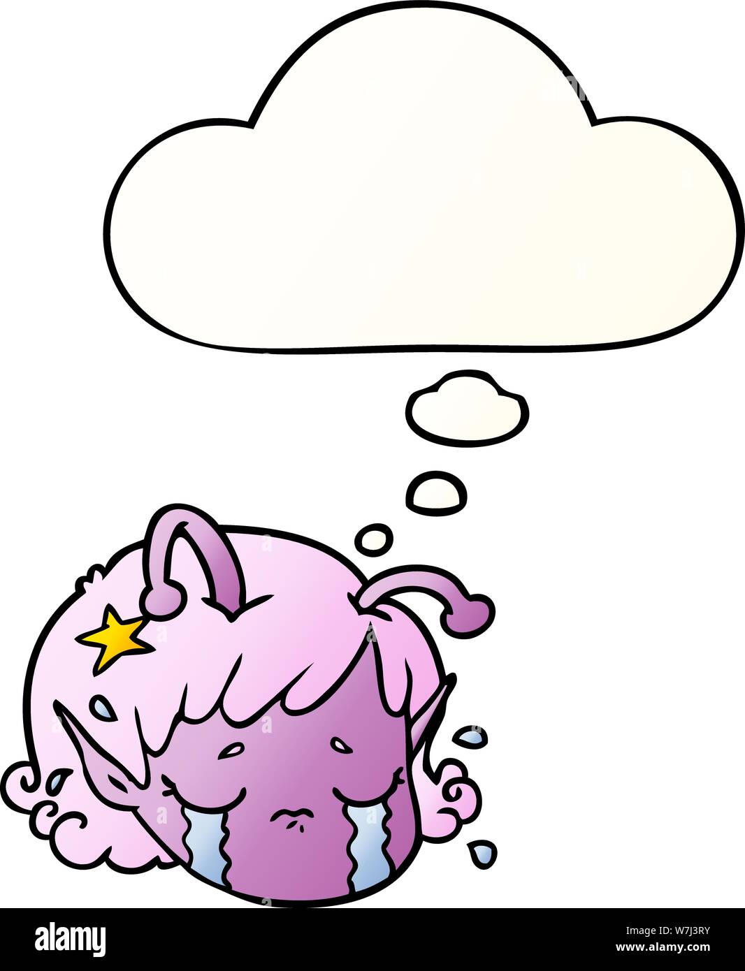 cartoon alien space girl face crying with thought bubble in smooth ...
