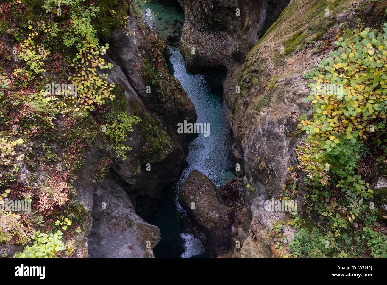 Mountain stream flows through a narrow gorge hi-res stock photography ...