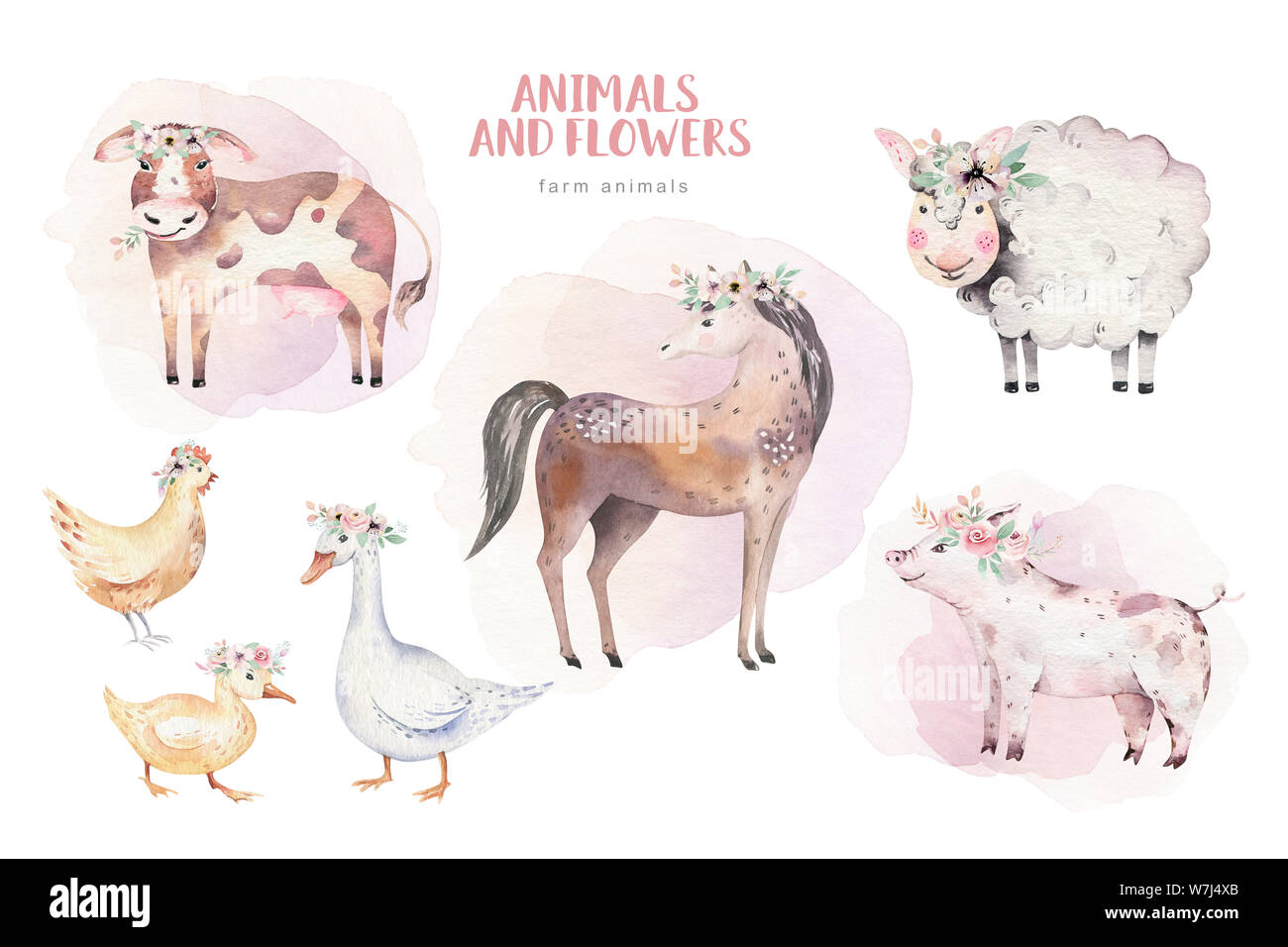 farms animal set. Cute domestic pets watercolor illustration. horse and ...