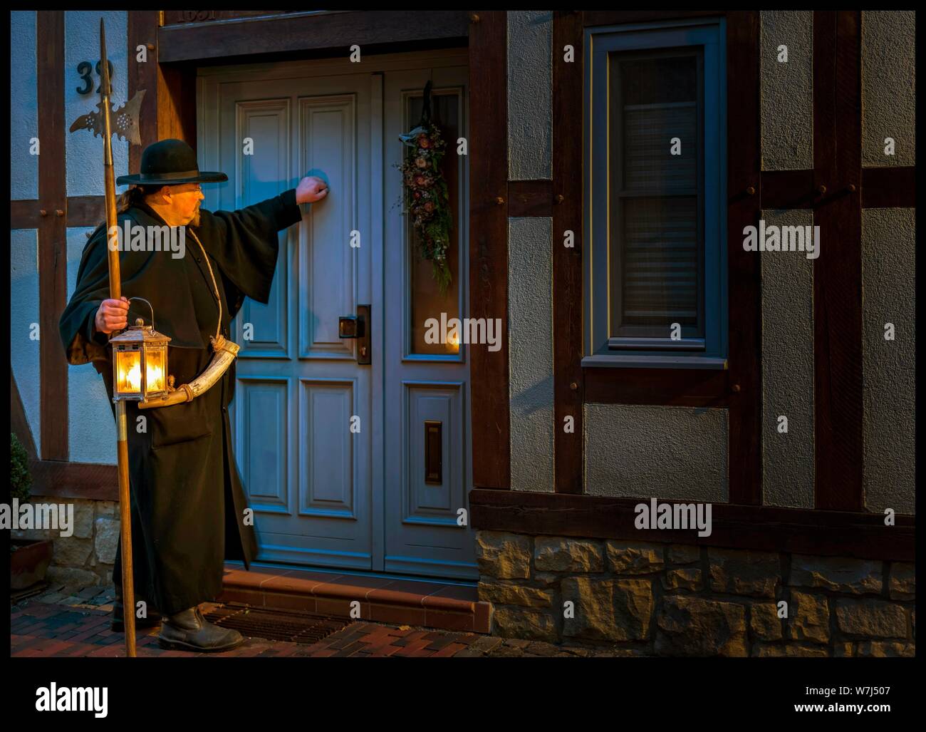 Historical night watchman, half-timbered house, Rinteln, Germany Stock ...