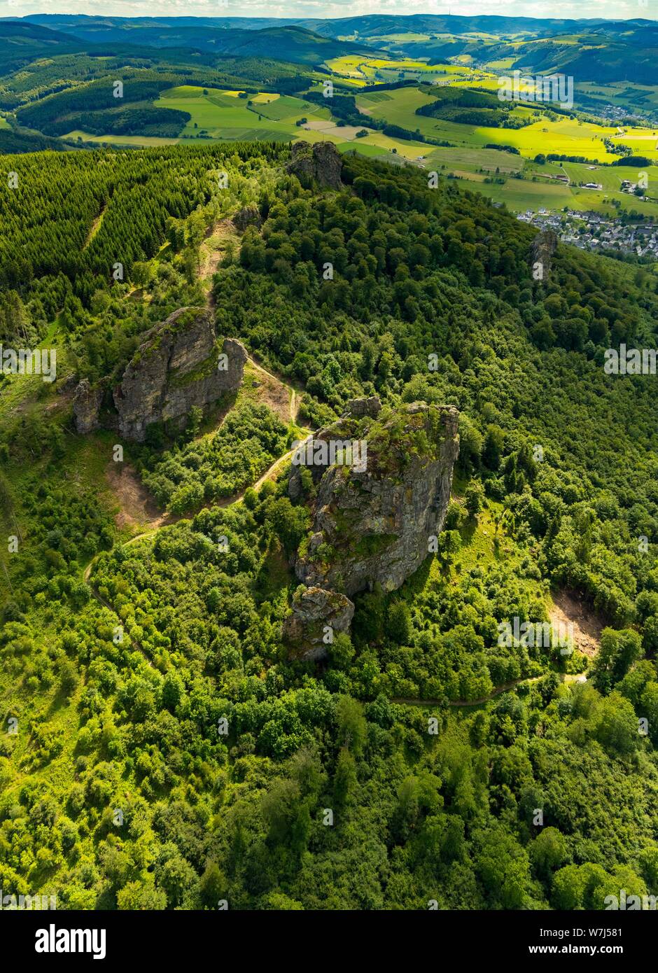 Aerial view, hilly landscape, Bruchhauser stones in the forest area ...