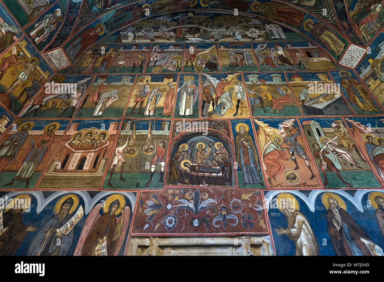 Wall frescos in the interior of the Humor Monastery, Romanian Orthodox ...