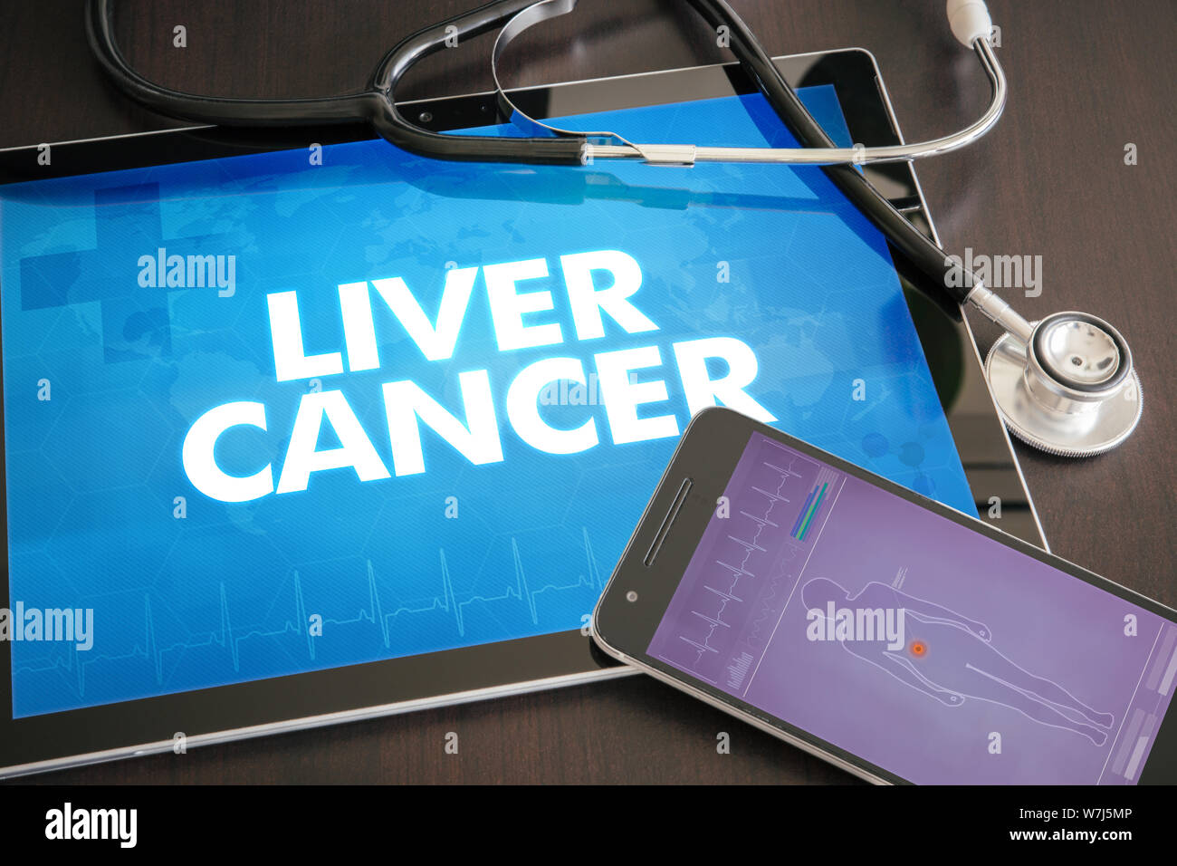 Liver cancer (cancer type) diagnosis medical concept on tablet screen ...