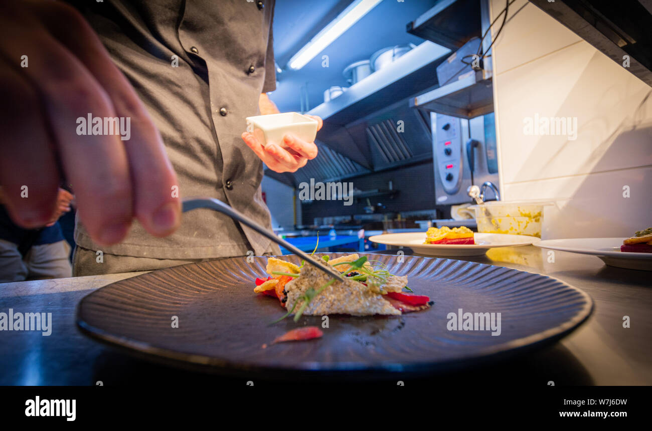 Fine dining. Closeup of food stylish. Restaurant serving Stock Photo ...