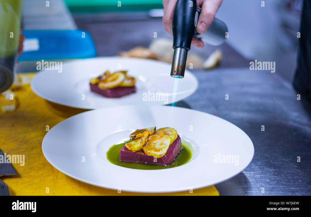 Fine dining. Closeup of food stylish. Restaurant serving Stock Photo ...
