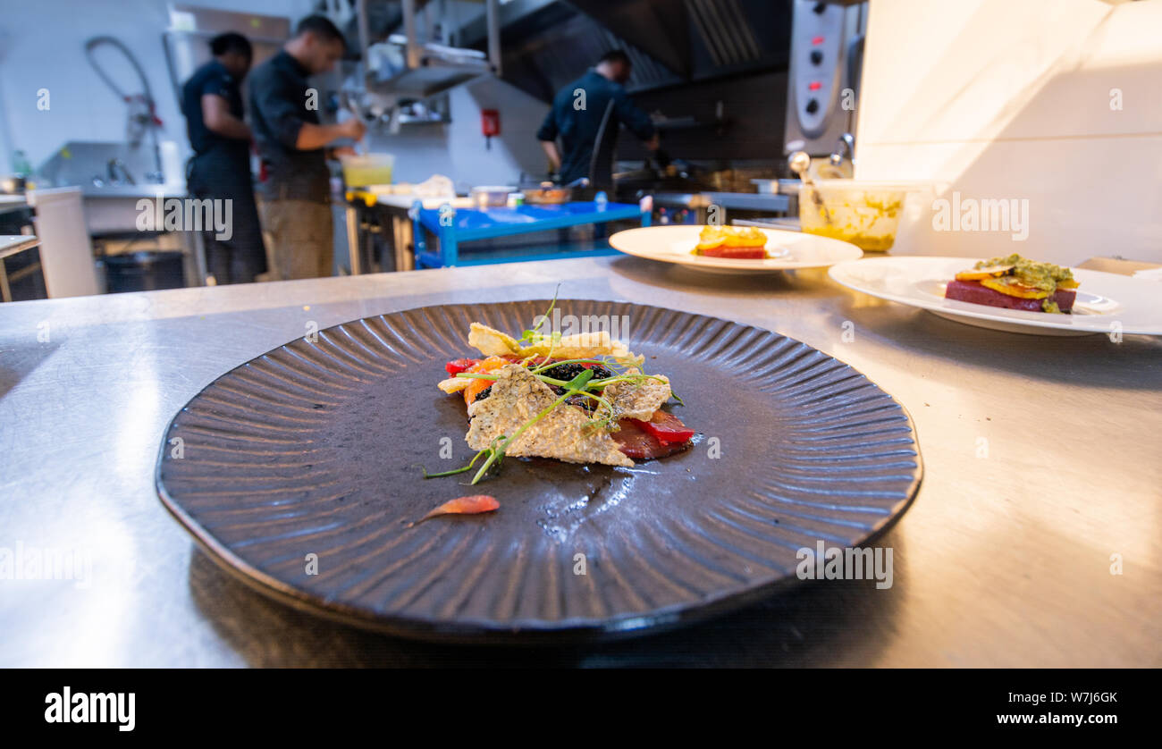 Fine dining. Closeup of food stylish. Restaurant serving Stock Photo ...