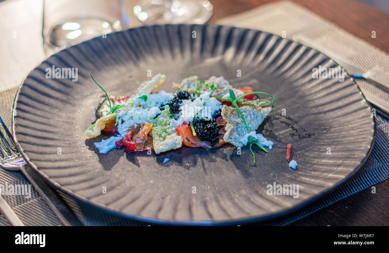 Fine dining. Closeup of food stylish. Restaurant serving Stock Photo ...