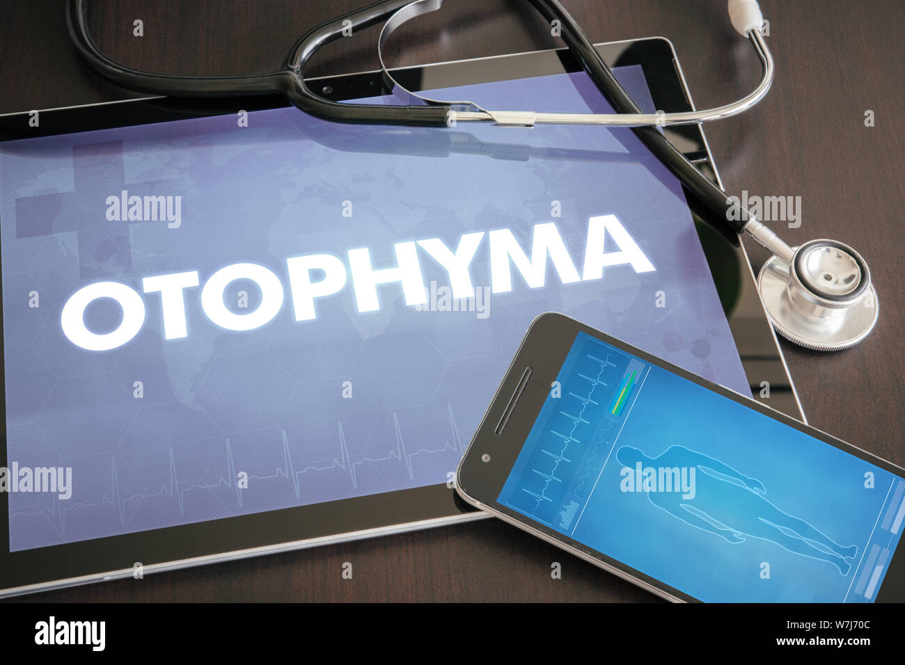 Otophyma (cutaneous disease) diagnosis medical concept on tablet screen ...