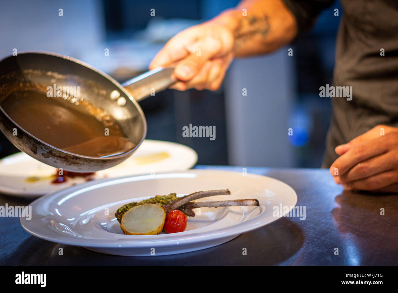 Fine dining. Closeup of food stylish. Restaurant serving Stock Photo ...