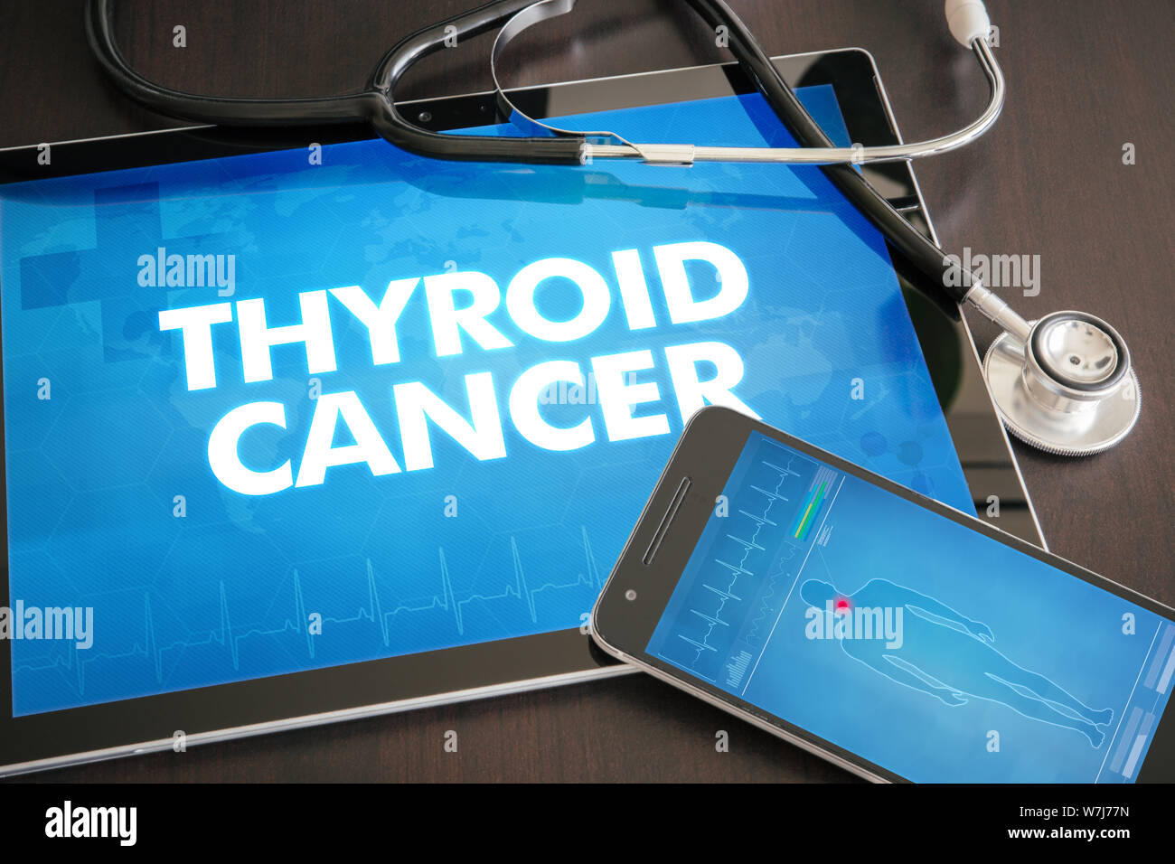 Thyroid cancer (cancer type) diagnosis medical concept on tablet screen ...