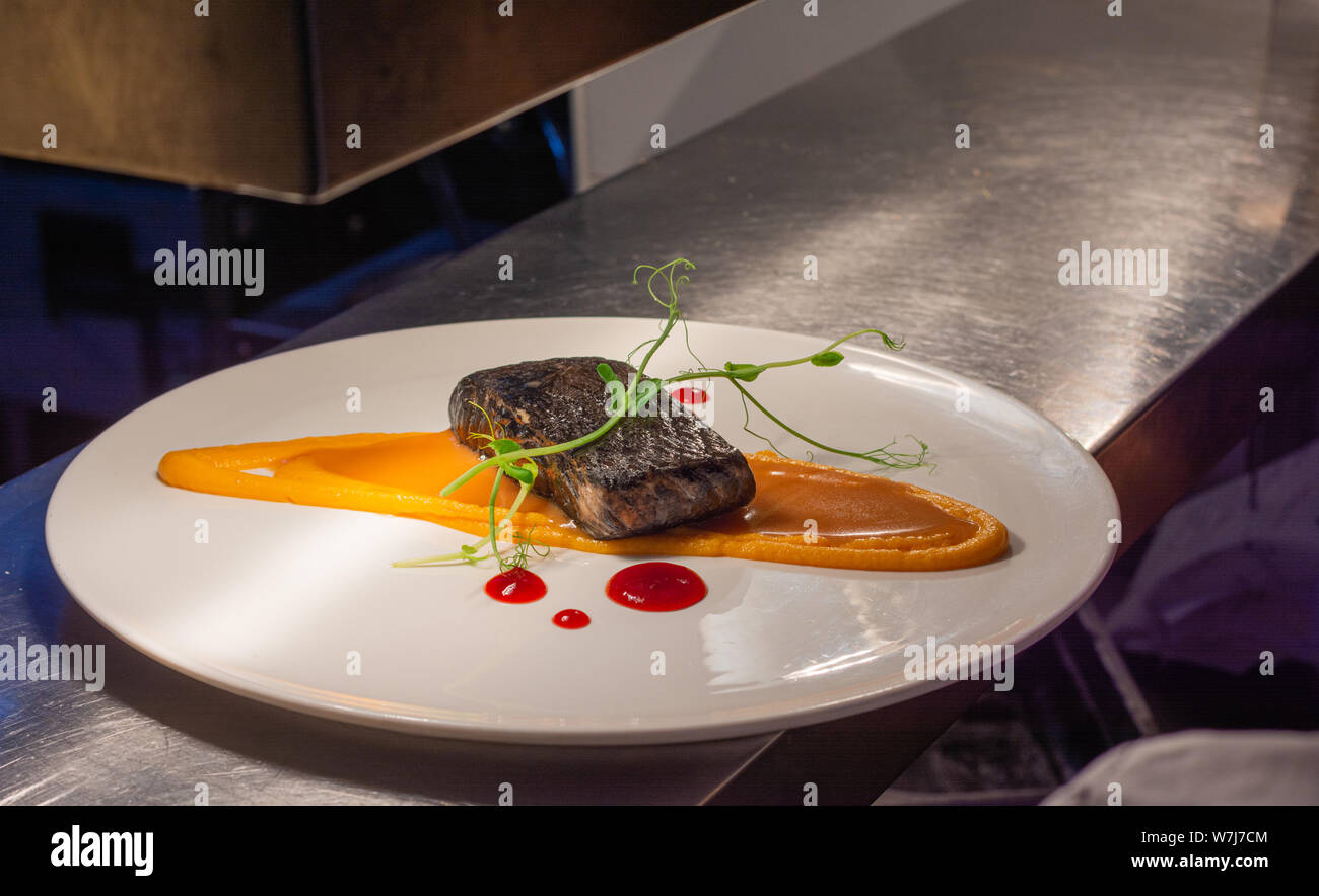 Fine dining. Closeup of food stylish. Restaurant serving Stock Photo ...