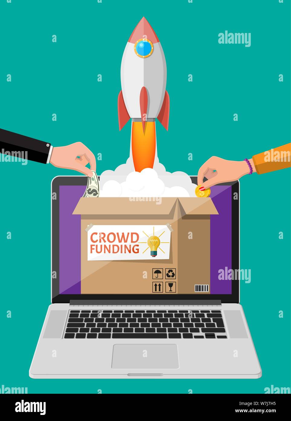 Cardboard box, space rocket and hands with money Stock Vector Image ...