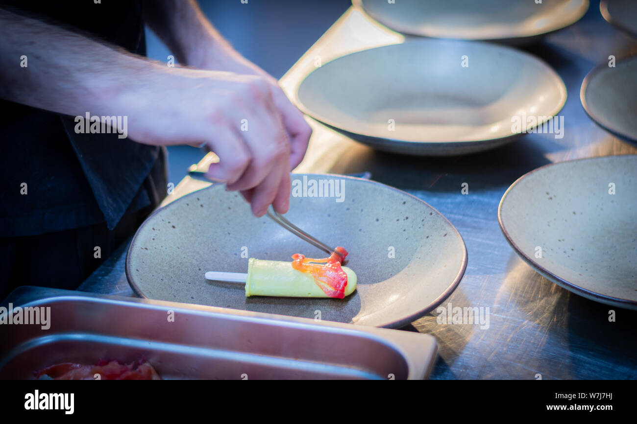 Fine dining. Closeup of food stylish. Restaurant serving Stock Photo ...