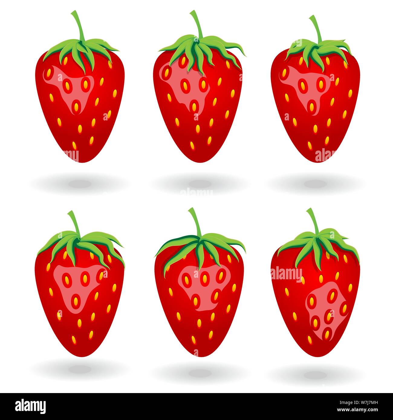 Six berries of strawberries under different lighting angle cast shadows ...
