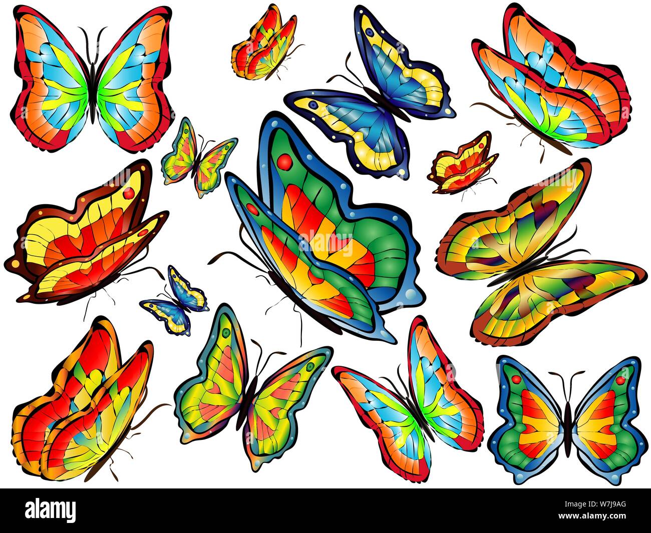Fourteen flying multicolored butterflies of different sizes Stock ...