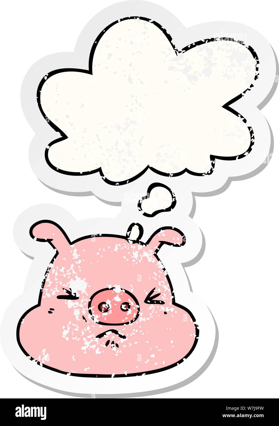 cartoon angry pig face with thought bubble as a distressed worn sticker ...