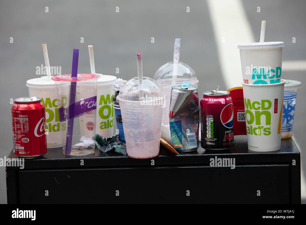 Waste packaging of fast food, tin drink cans, plastic cups, straws ...