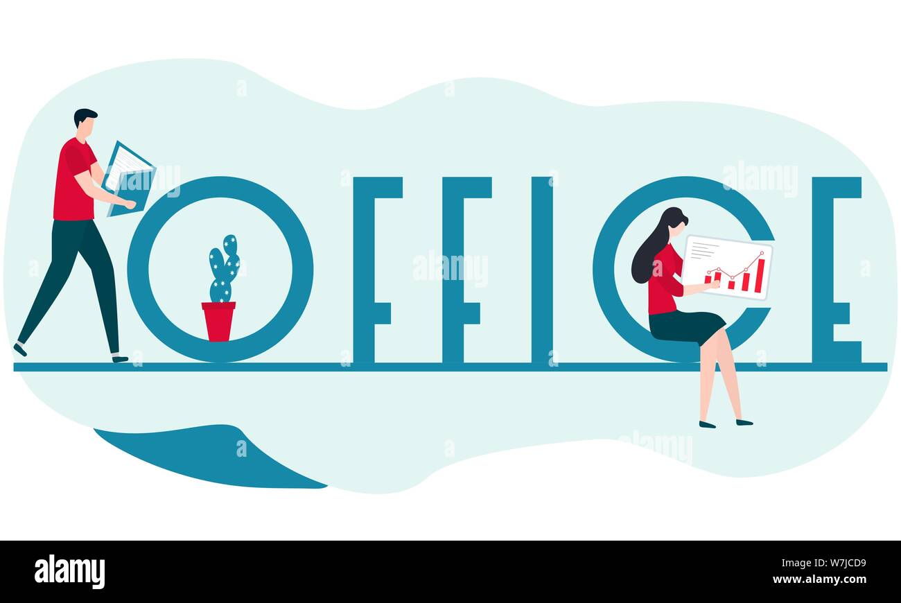 Vector illustration with office inscription and working people ...