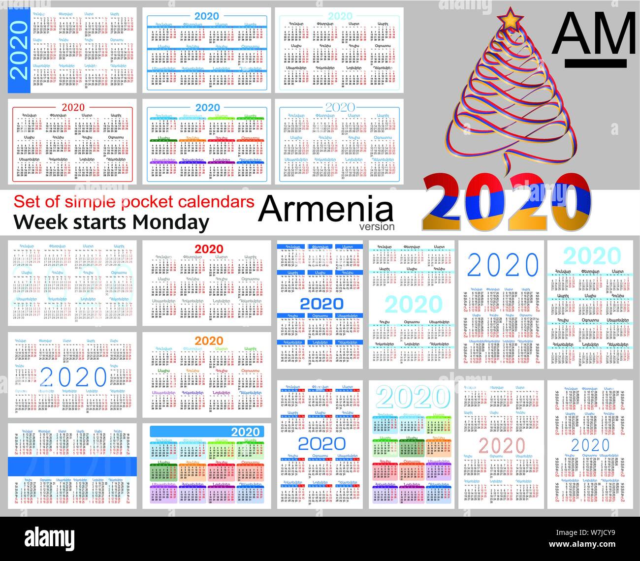 Armenia set of pocket calendars for 2020 (Two thousand nineteen). Week ...