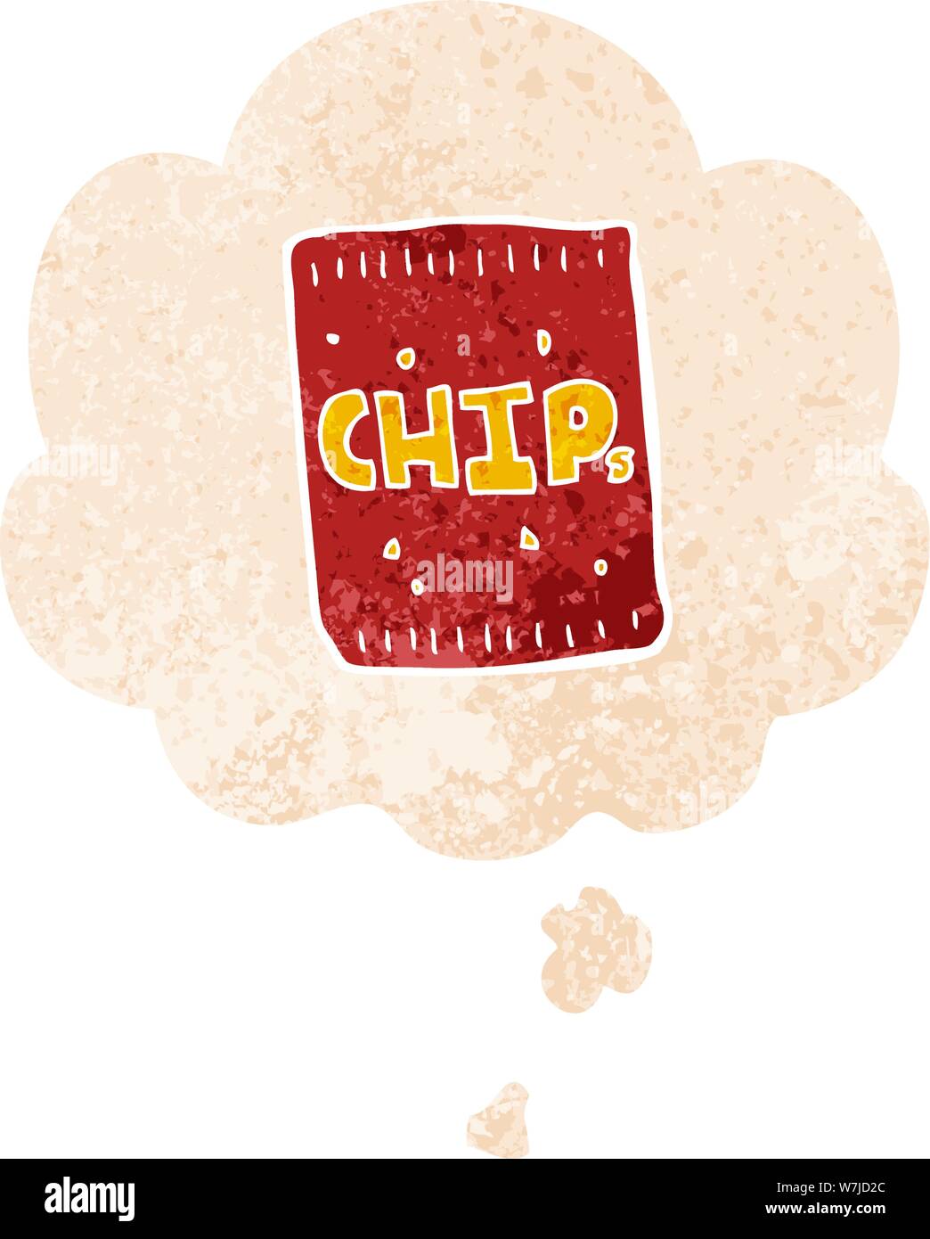 cartoon packet of chips with thought bubble in grunge distressed retro ...