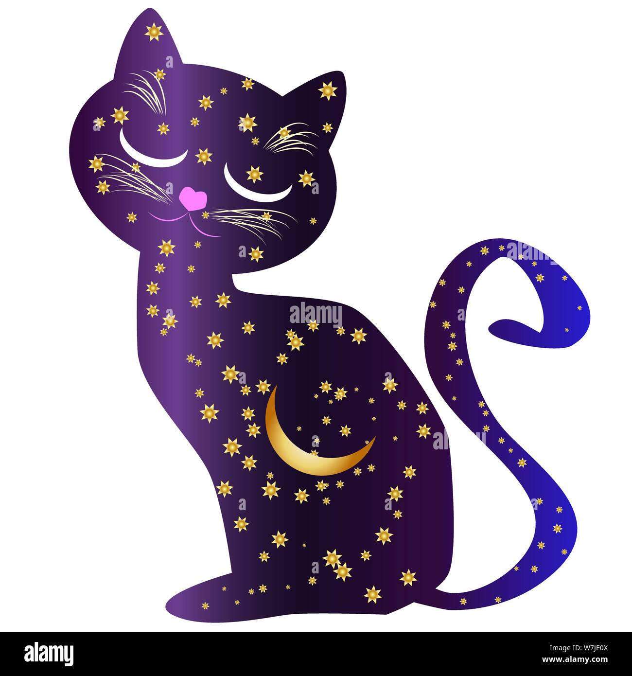 Cat-night. Cat silhouettes painted with a night sky with stars and a ...