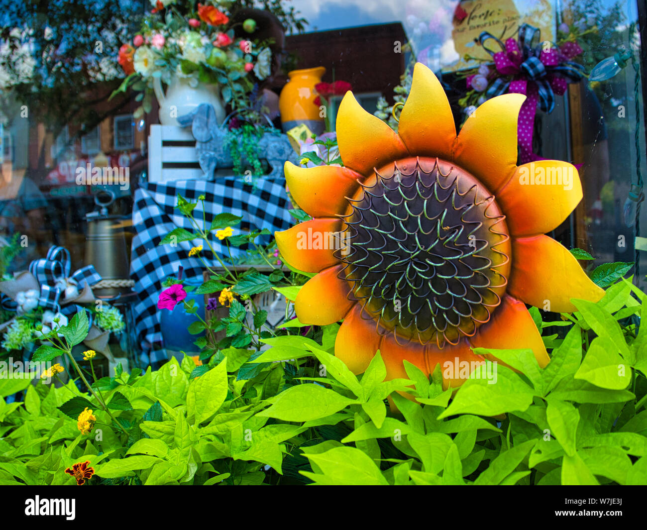 decorative Metal sunflower in front of a store window Stock Photo - Alamy