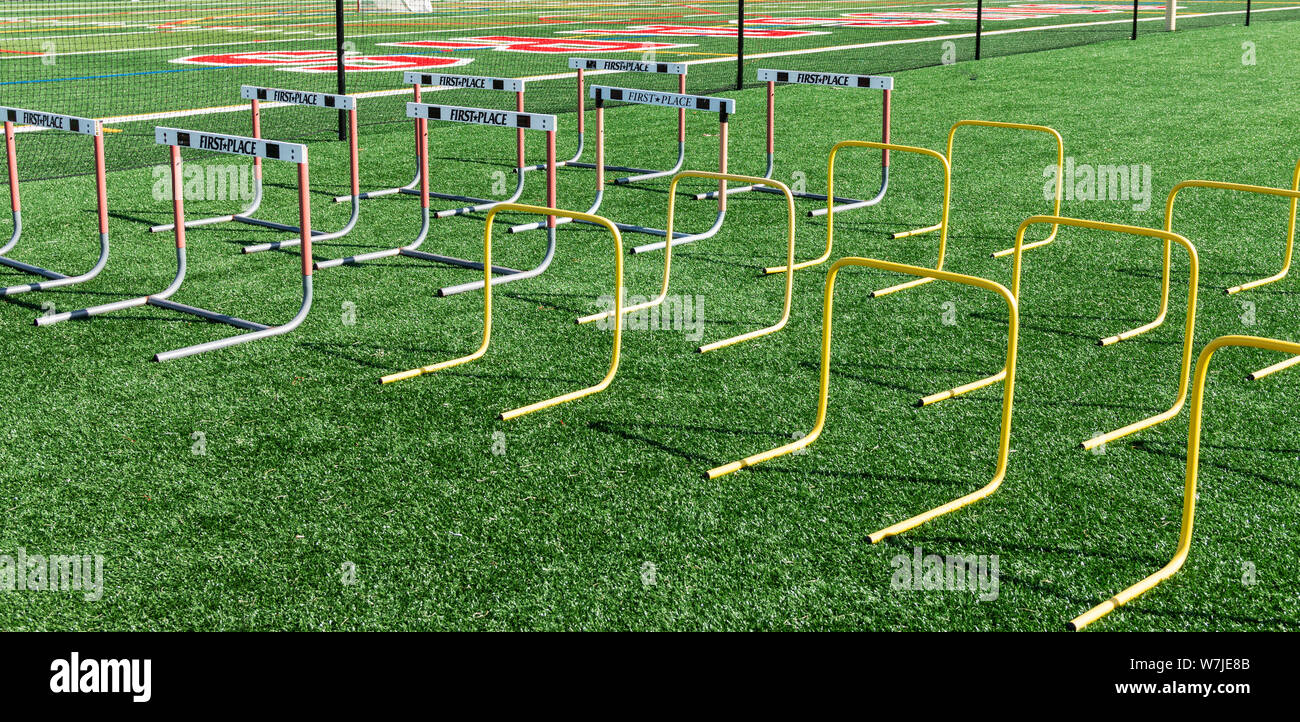 A turf field is set up with rows of regular and plastic hurdles for plyometric strength and ...