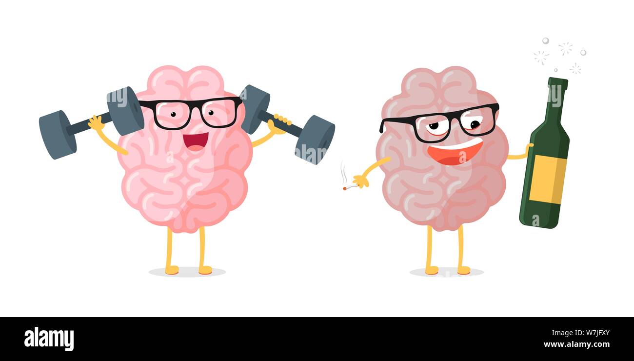Funny cartoon brain character pair healthy vs unhealthy. Comparison ...