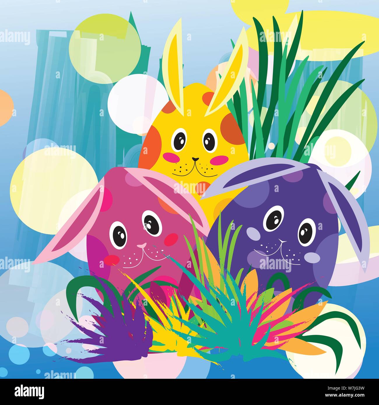 colorful and cute spotted bunnies in grass with abstract background ...