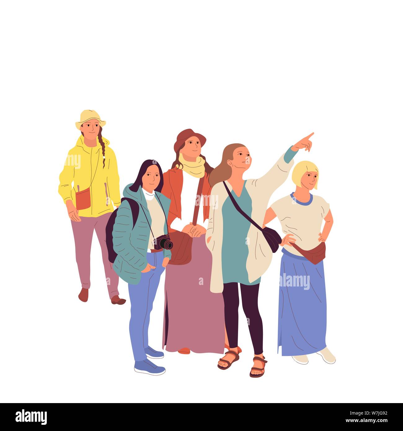 Guide is showing around to group of female tourists. Isolated on white ...