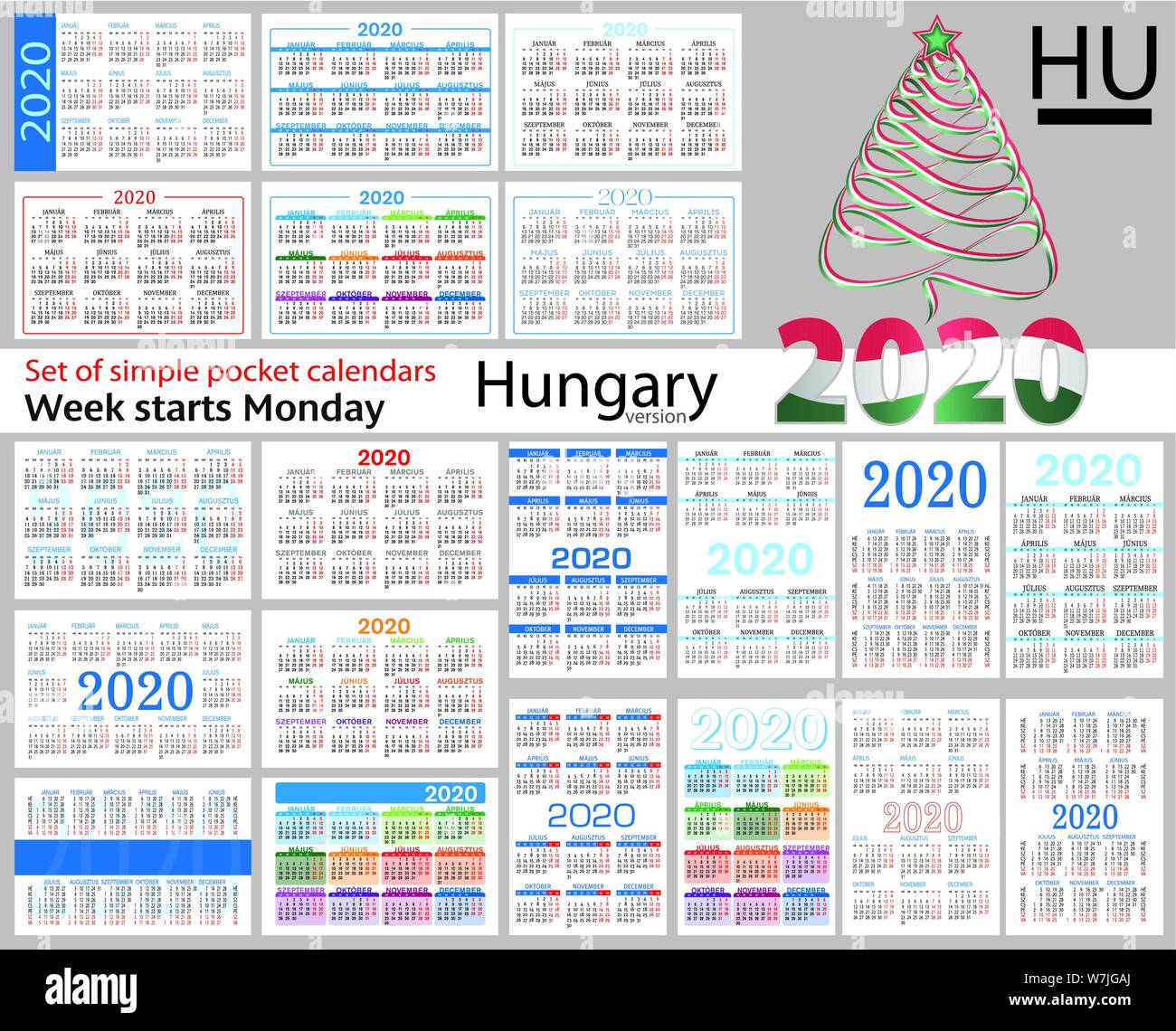 Hungary set of pocket calendars for 2020 (Two thousand nineteen). Week ...