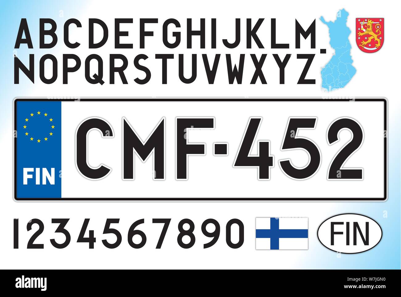 Finland car license plate, letters, numbers and symbols, vector ...