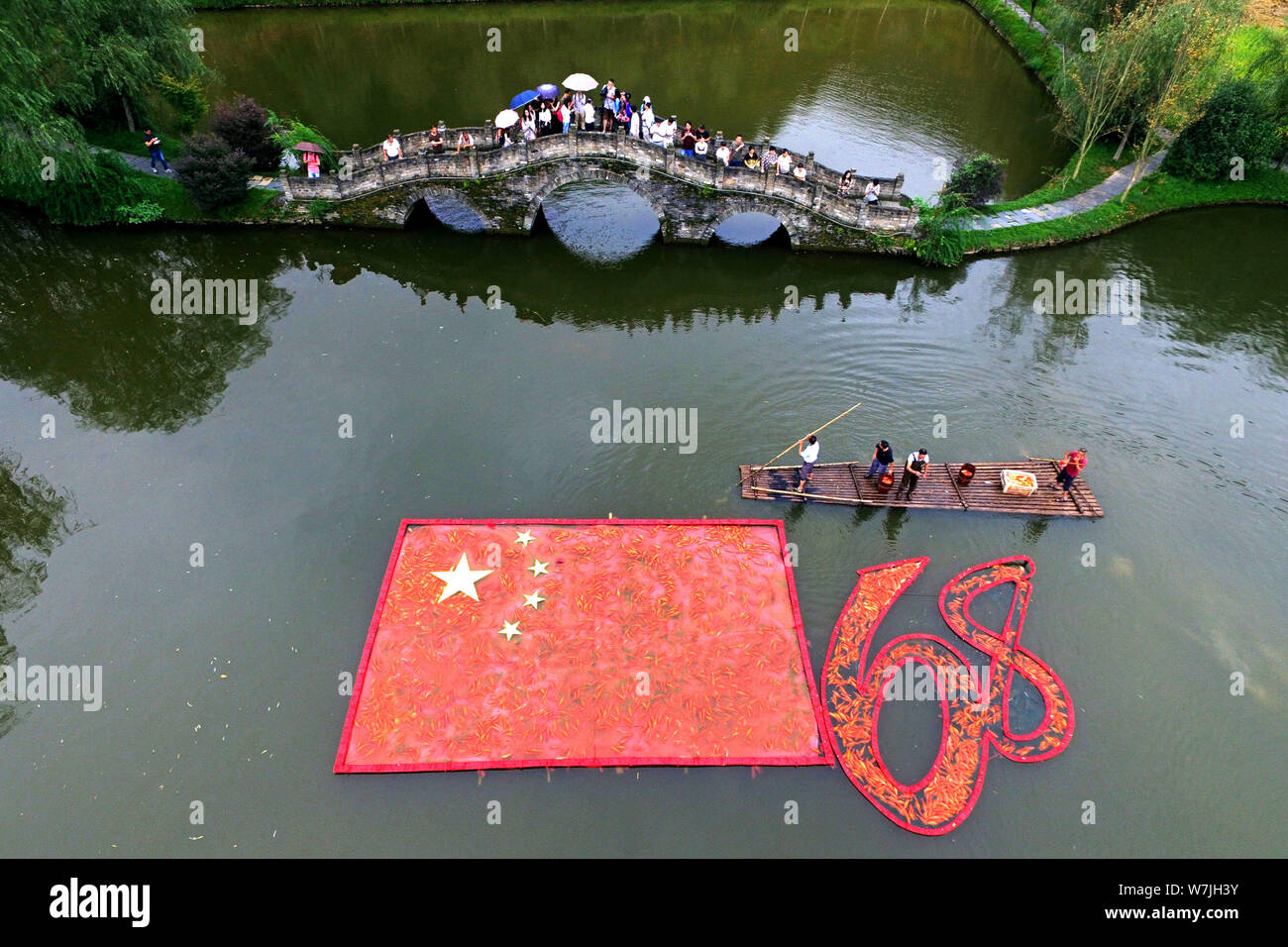 Aerial view of the icon of the Chinese National Flag made of Hebao red ...