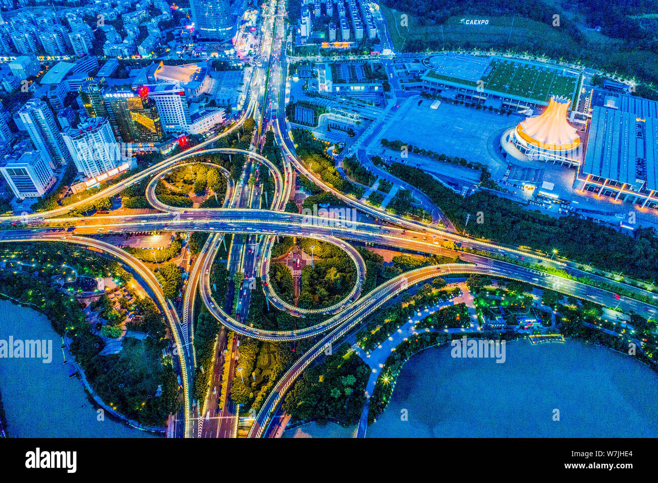 Night view of the crossings of elevated highways in Nanning city, south ...